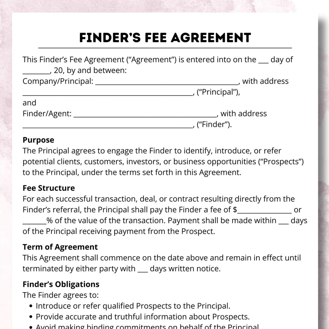 Finders Fee, Agreement Template, Business Contract, Referral Agreement ...