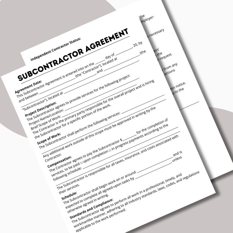 Subcontract Template, Subcontractor Forms, Subcontracting Contr ...