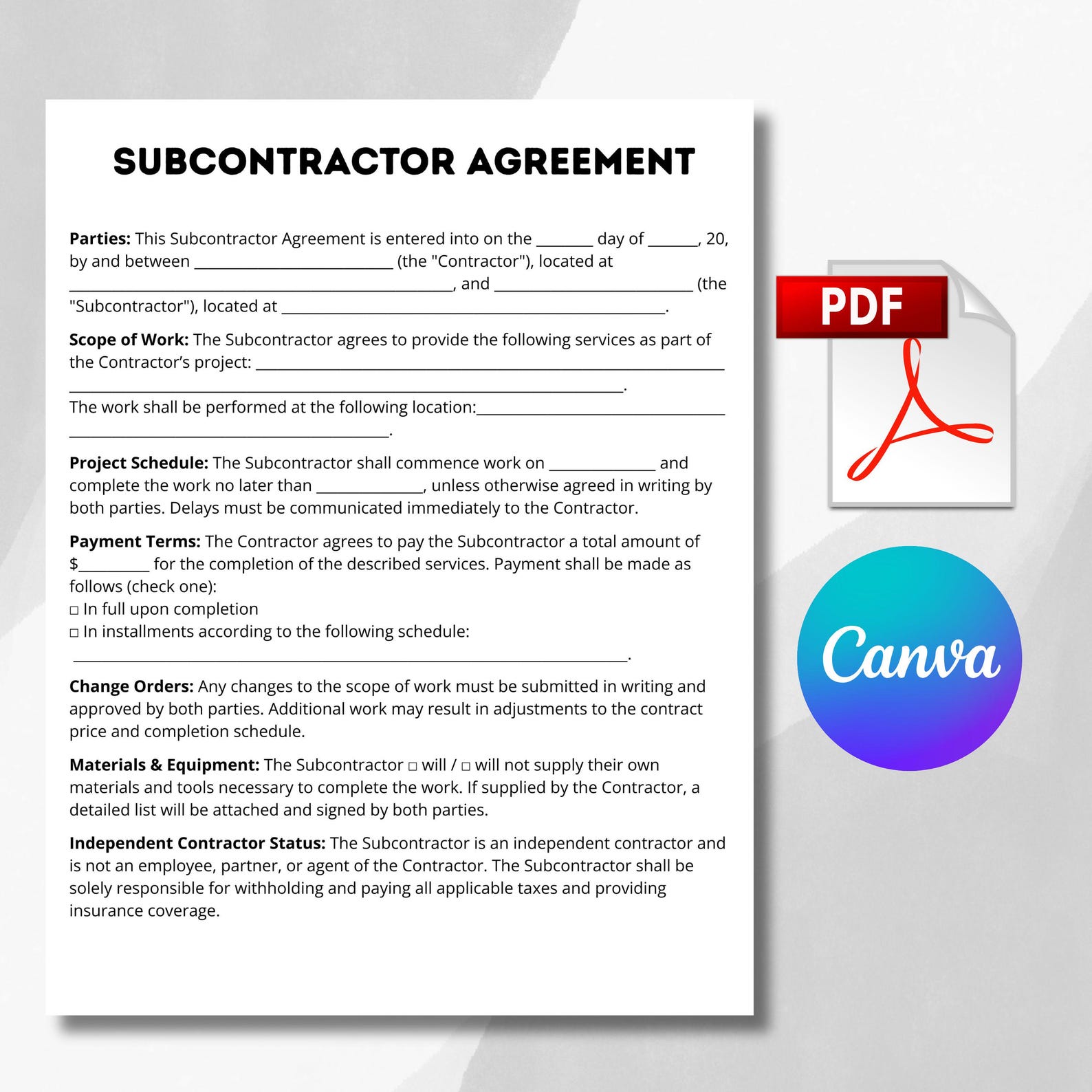 Subcontract Template, Subcontractor Forms, Subcontracting Contr ...