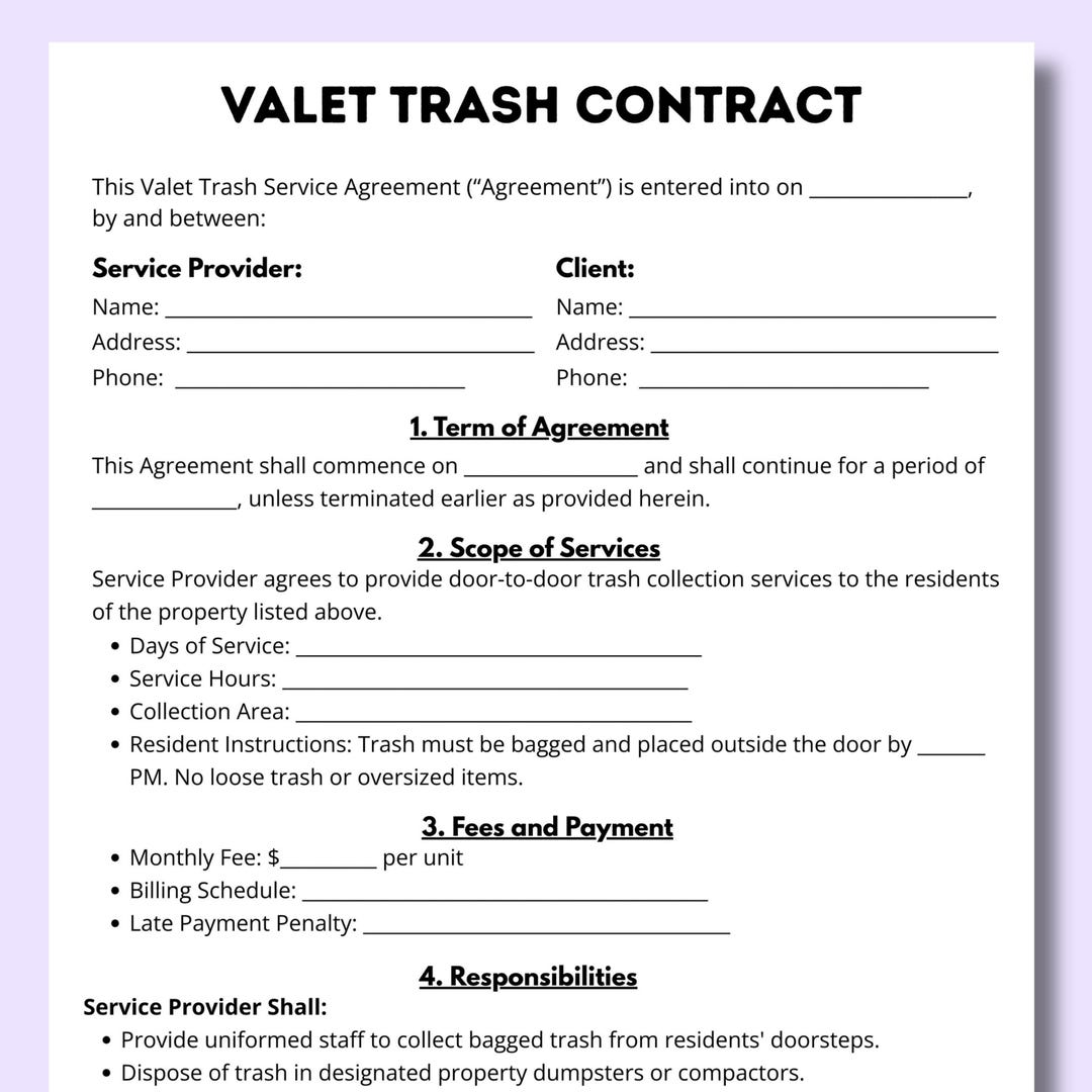 Valet Trash Contract, Waste Removal, Property Management, Garbage ...