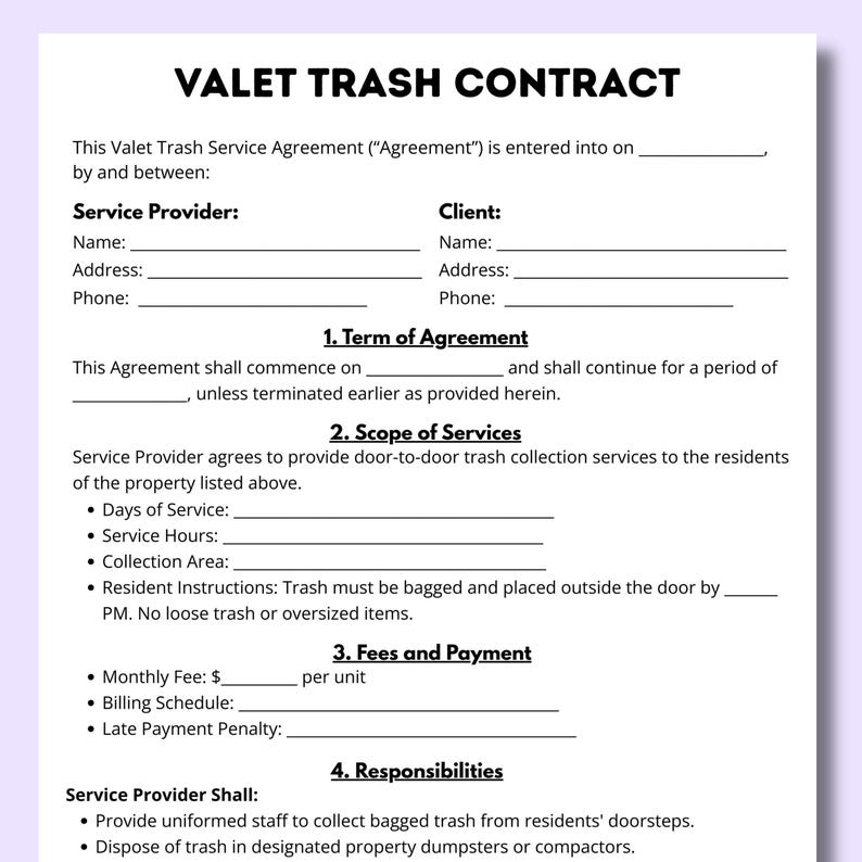 Valet Trash Contract, Waste Removal, Property Management, Garbage Service, Legal Agreement ...