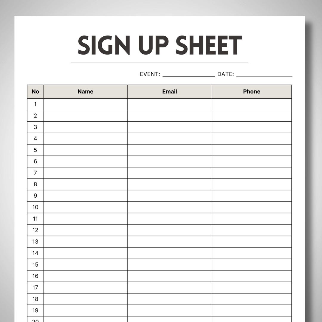 Sign up Sheet, Event Sign Up, Sign up Template, Registration Sign Up ...