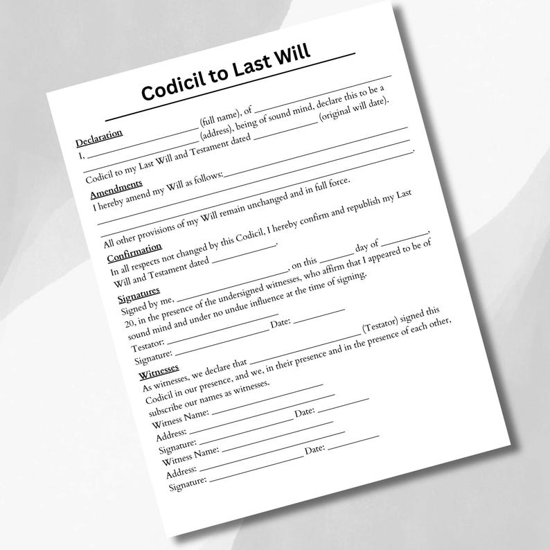 Codicil to Will Template: Printable & Editable Legal Form (US Letter ...