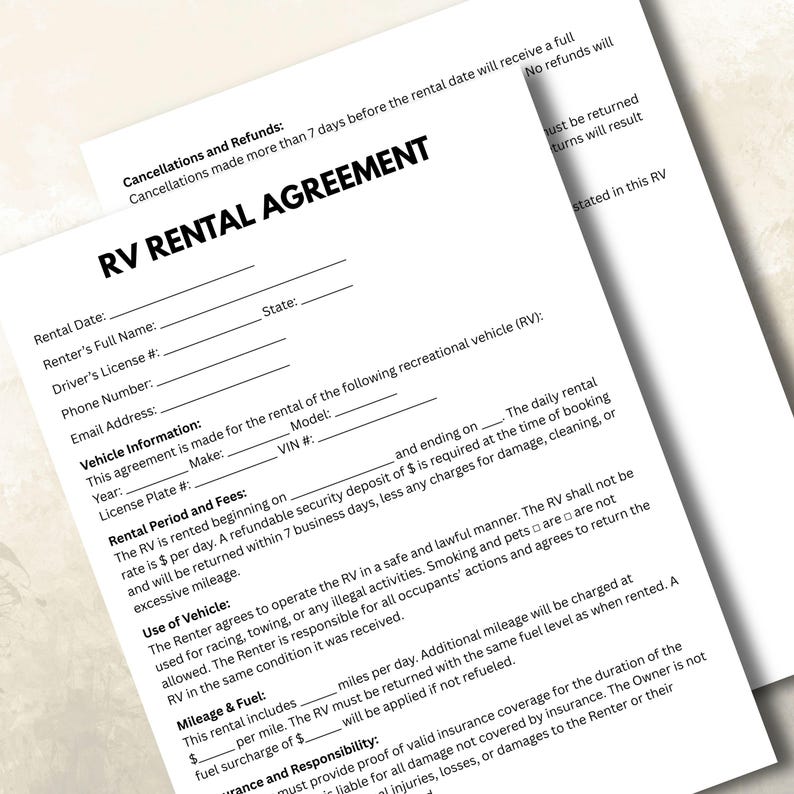 Rv Rental Agreement, Motorhome Contract, Rv Rental Contract, Simple ...