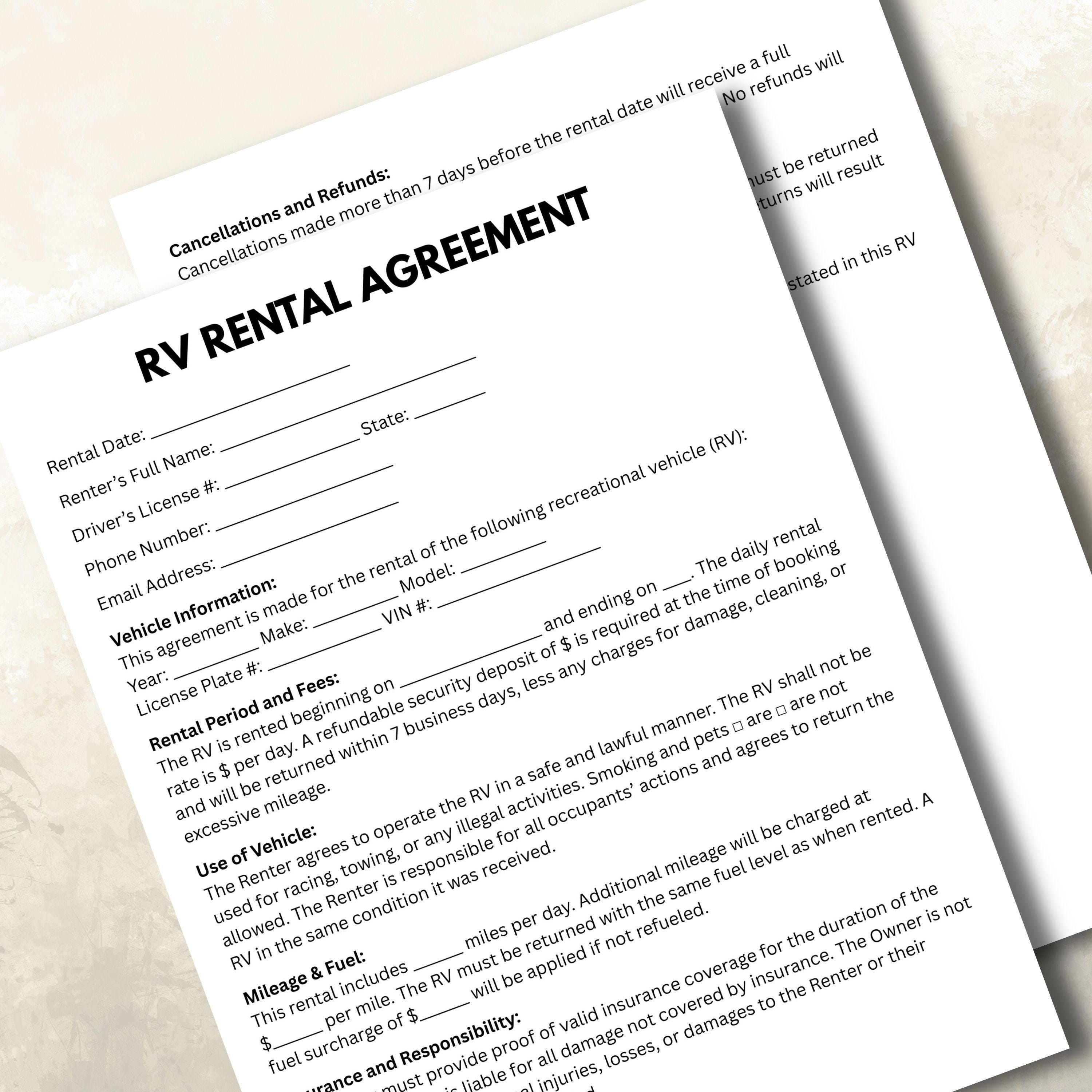 Rv Rental Agreement, Motorhome Contract, Rv Rental Contract, Simple ...