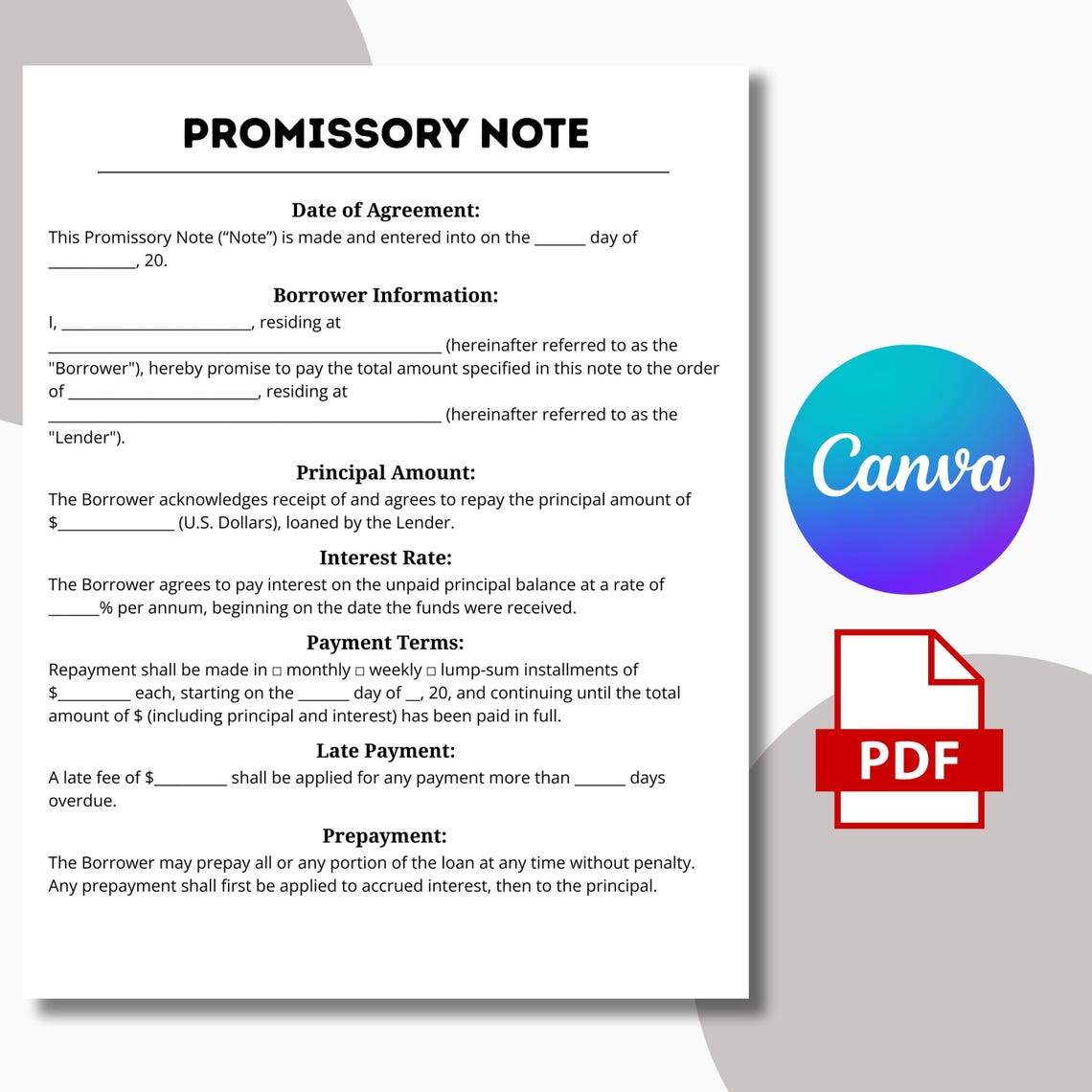Promissory Note, Personal Loan, Loan Contract, Loan Agreement, Editable ...