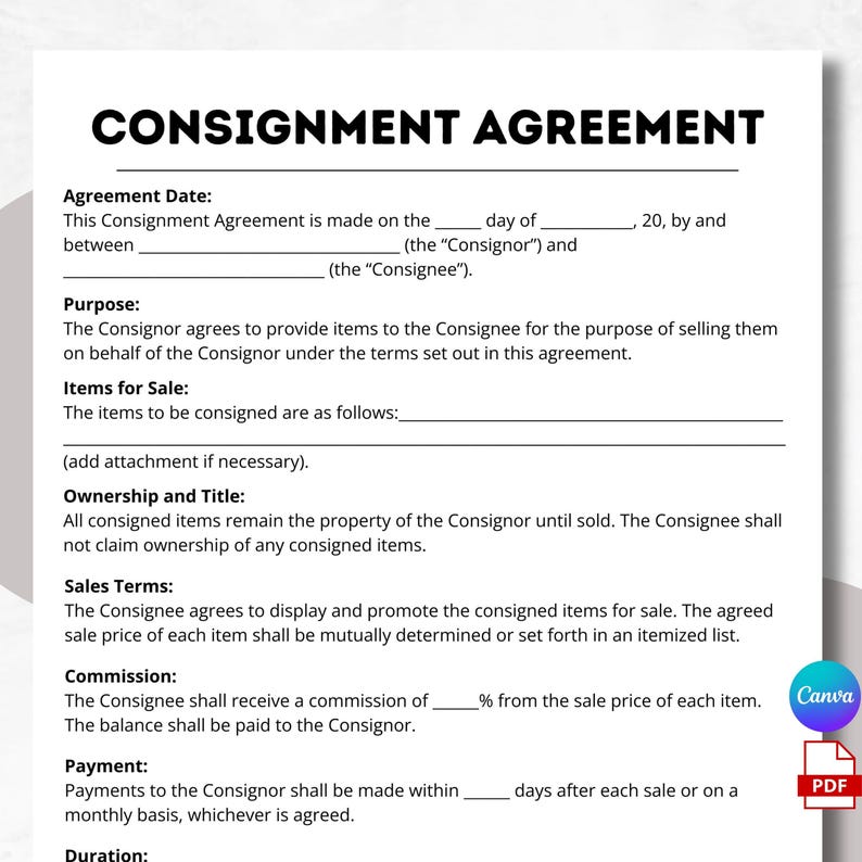 Consignment Agreement & Resale Contract Template | Consignee Form ...