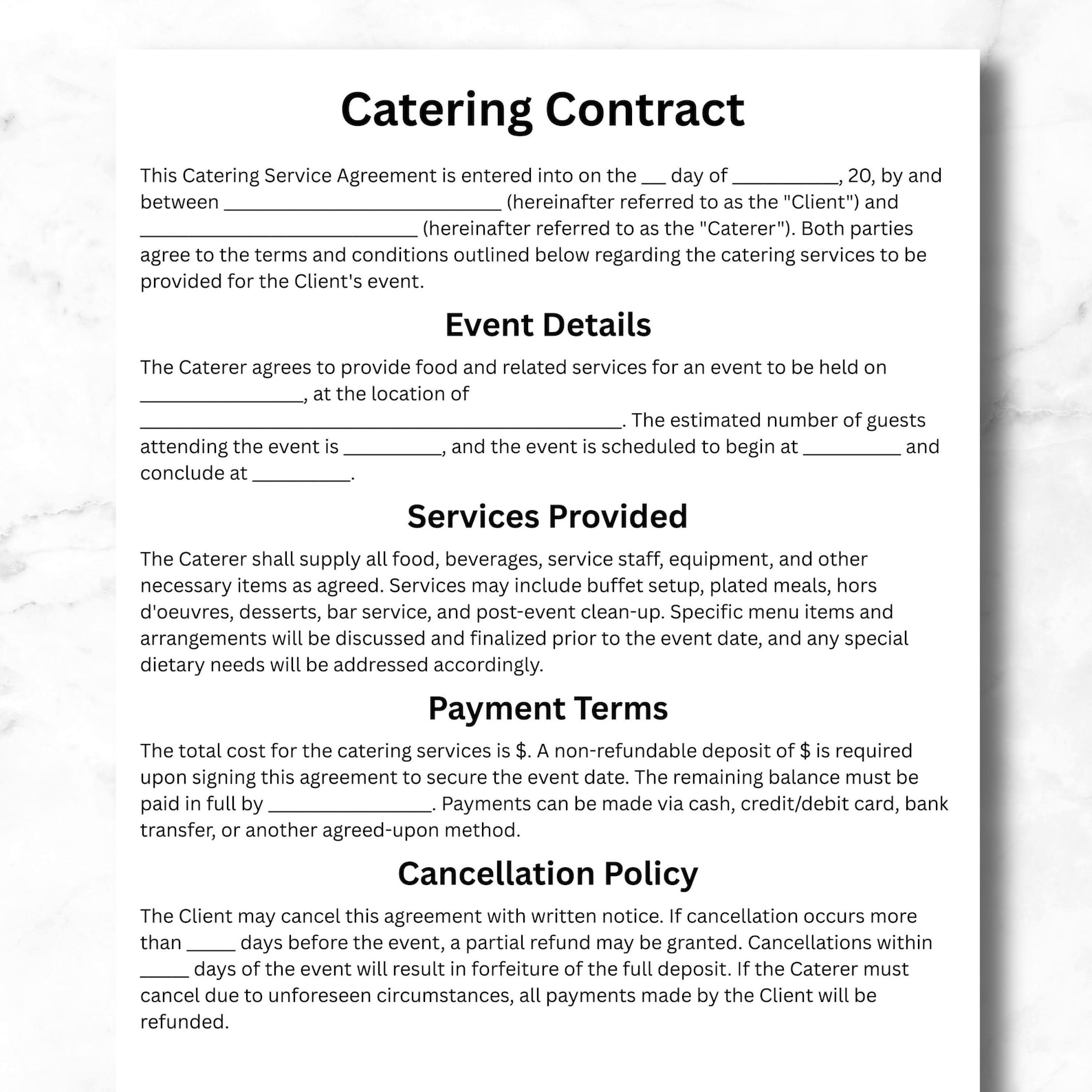 Catering Contract, Printable Catering, Catering Business, Food Service ...