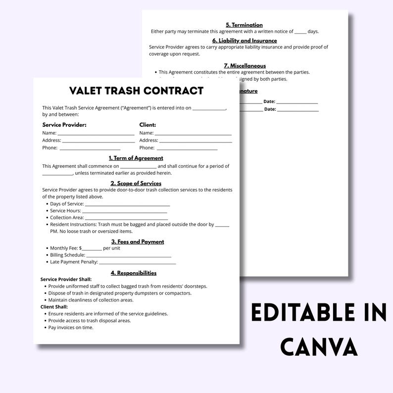 Valet Trash Contract, Waste Removal, Property Management, Garbage Service, Legal Agreement ...