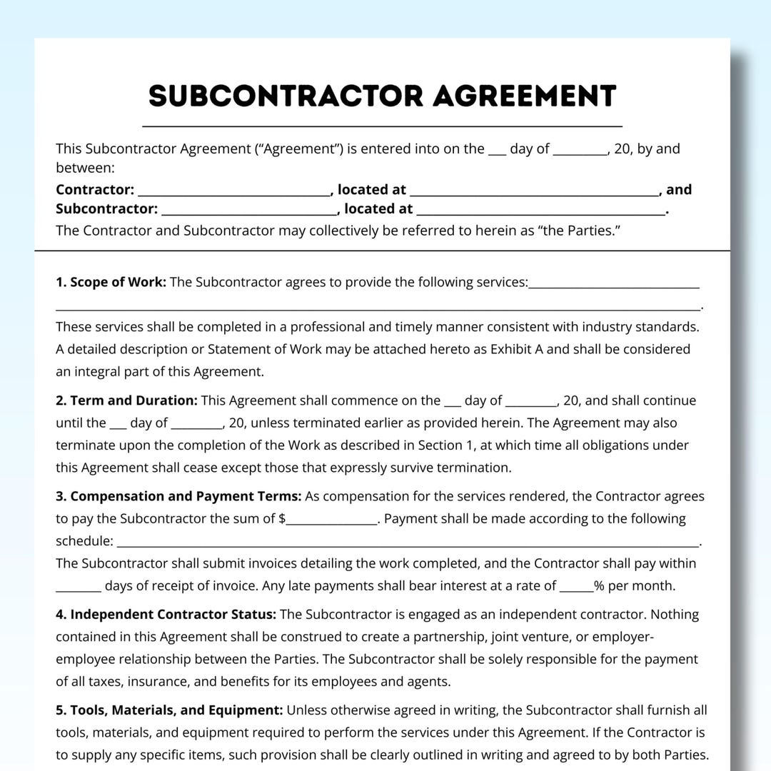 Subcontract Template, Subcontractor Forms, Subcontracting Contr ...