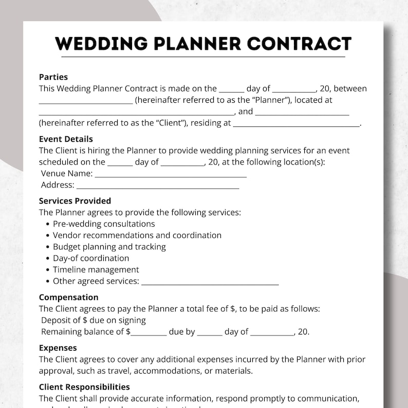 Wedding Planner Contract Template Service, Vendor Contract, Wedding ...