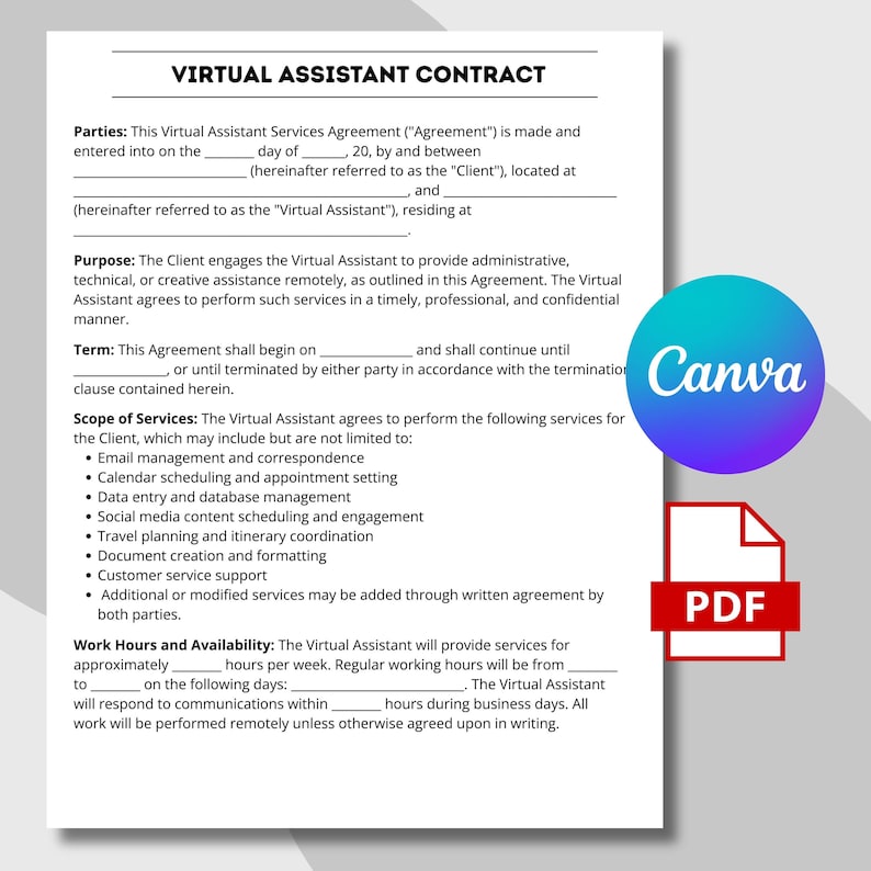 Virtual Assistant, Agreement Templates, Printable Contract, Editable ...