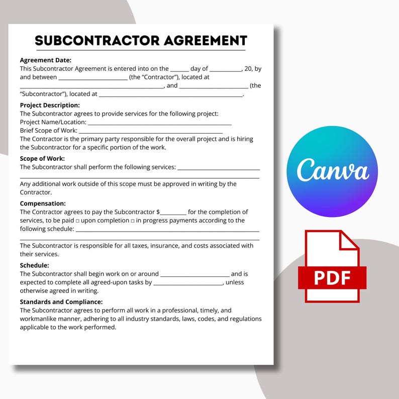 Subcontract Template, Subcontractor Forms, Subcontracting Contr ...