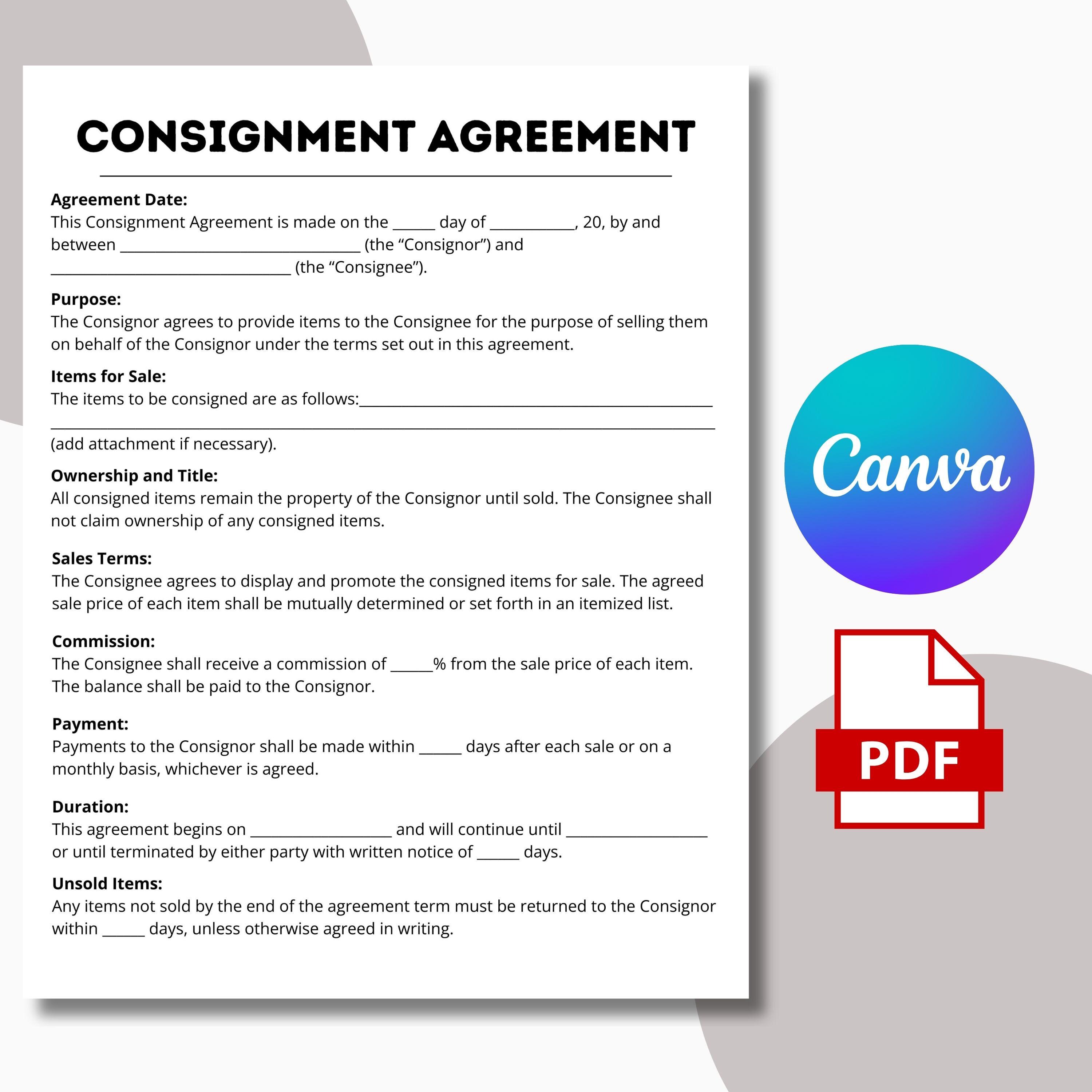 Consignment Agreement & Resale Contract Template | Consignee Form ...