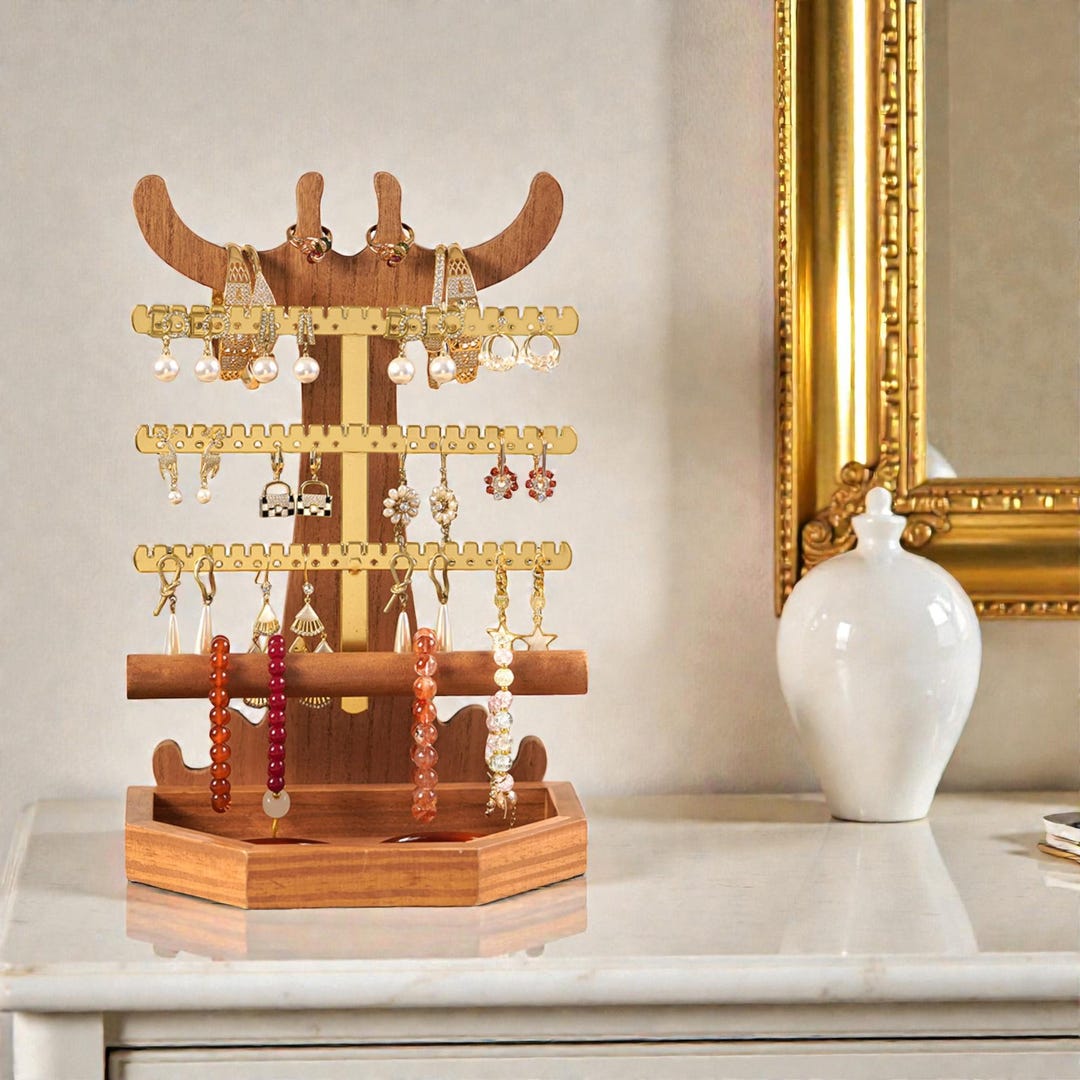 Wooden Jewelry Organizer Stand With Gold Metal Racks | Earring ...
