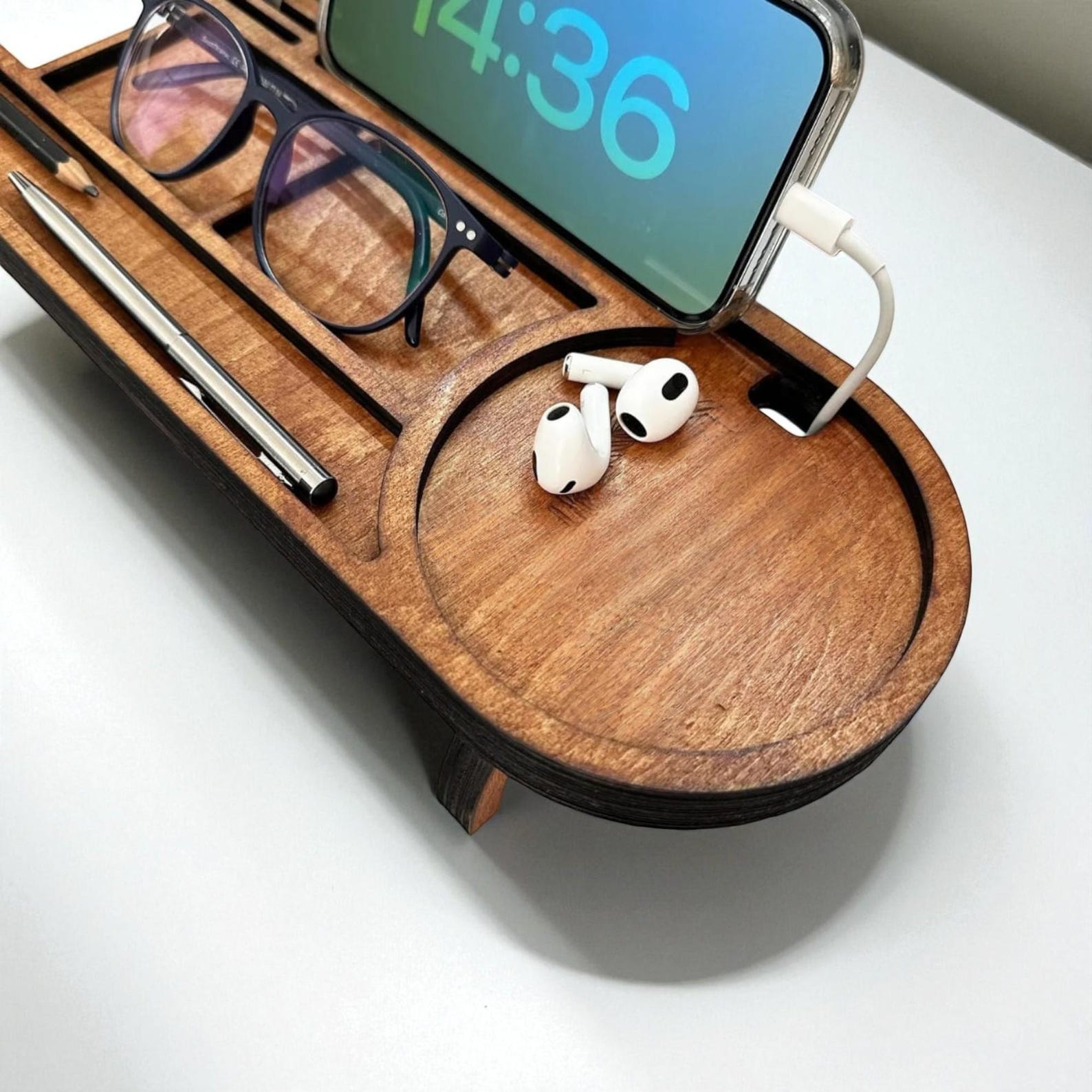 Round Wooden Desk Organizer Stand for Phone, Earbuds & Accessories ...