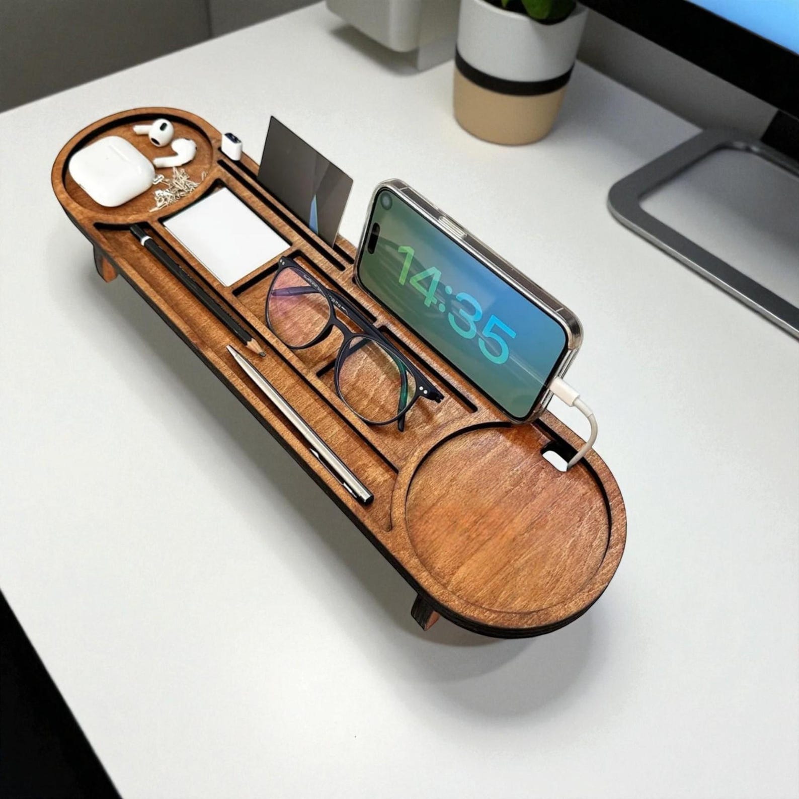 Round Wooden Desk Organizer Stand for Phone, Earbuds & Accessories ...