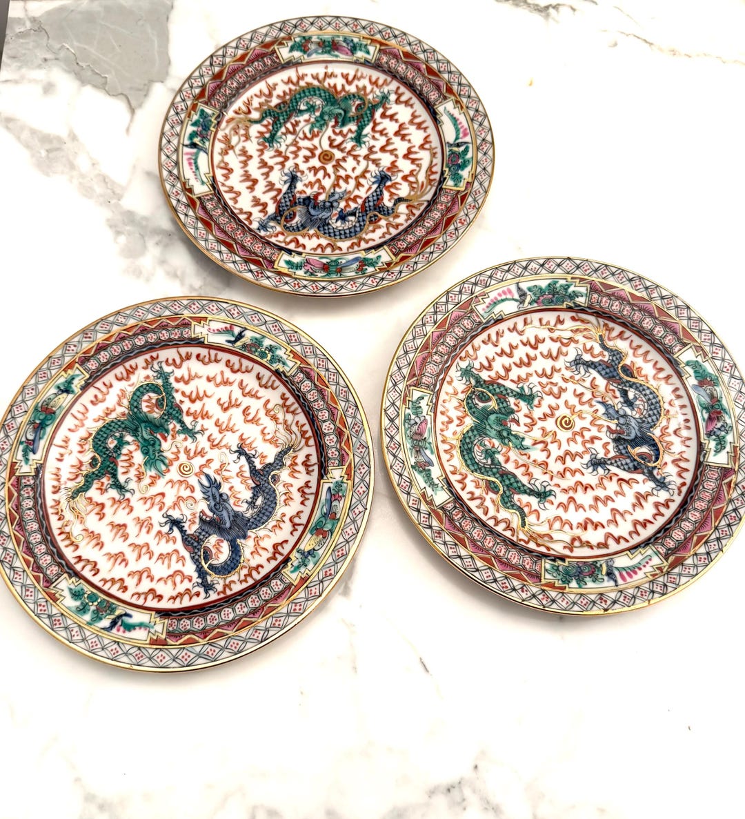 Set of 3 Antique Double Dragon Plates - Etsy