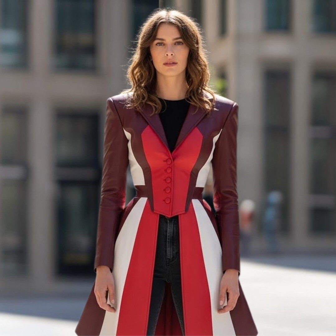 Geometric Leather Coat | Colorblock Long Jacket | Handmade Fantasy ...