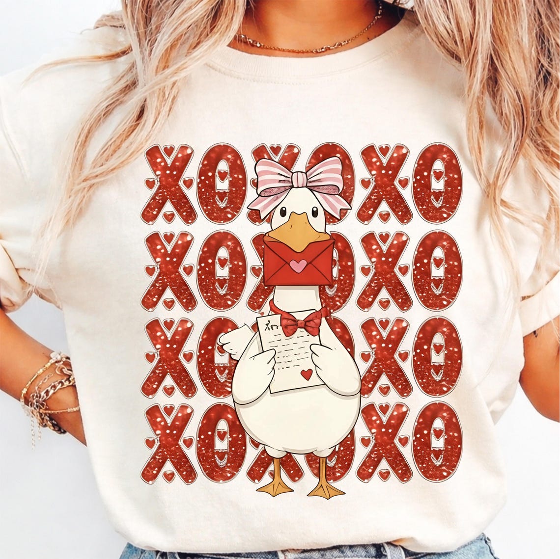 Camiseta de pato de San Valentín, camiseta de ganso XOXO, lazo coqueto ...