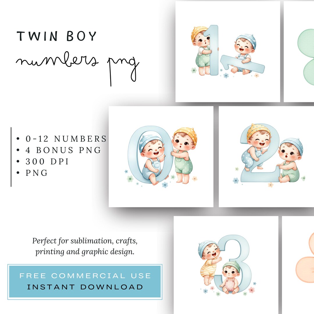 Twin Boy Birthday Numbers PNG | Baby Twins 0–12 + Bonus | Cute Clipart ...