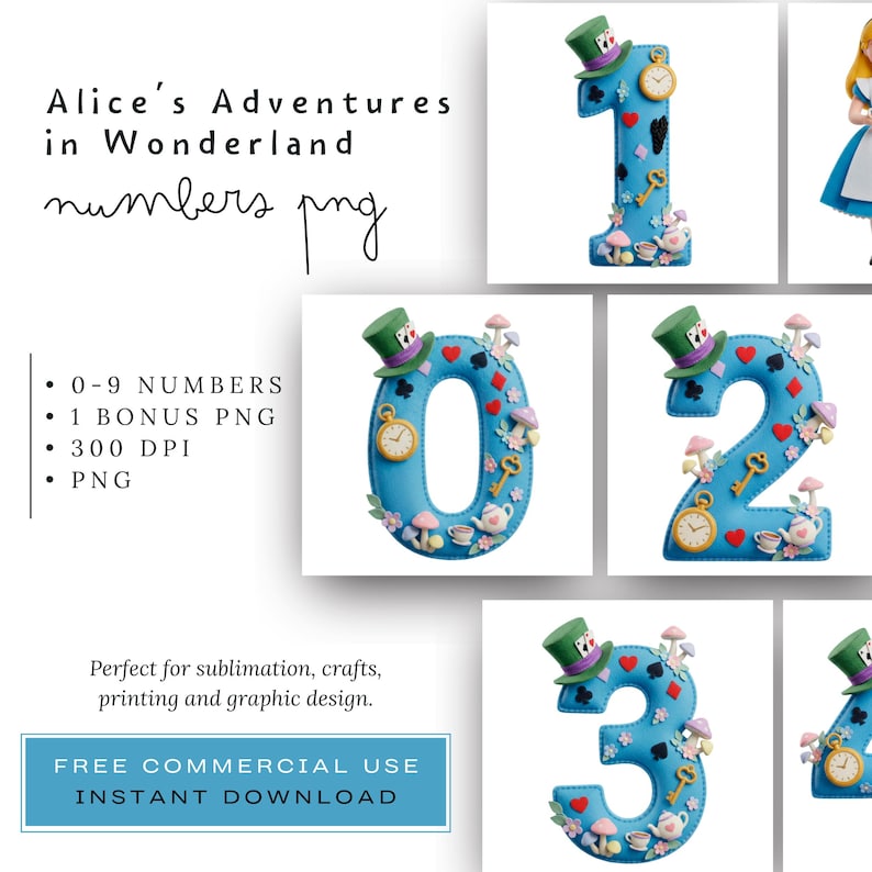 Alice’s Adventures in Wonderland Numbers PNG | Alice Numbers 0-9 | Felt ...