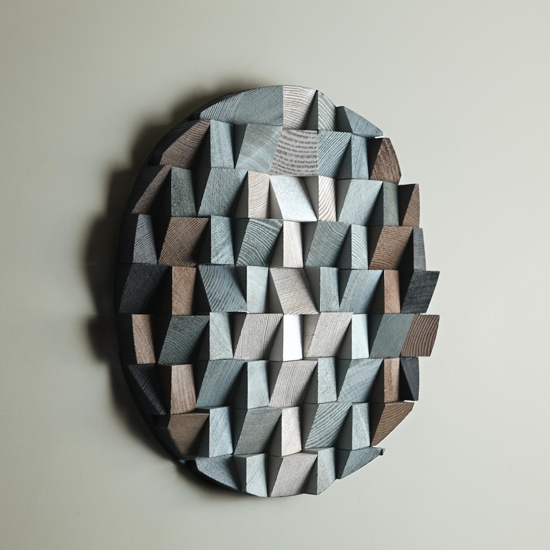 Round 3D Wood Mosaic Wall Art, Burnt Solid Wood Panel, Handmade ...