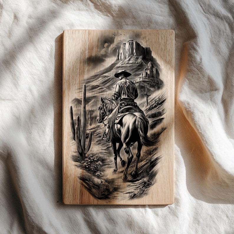 Cowboy Desert Scene Laser Engraving File, Dithered Western Design (PNG ...