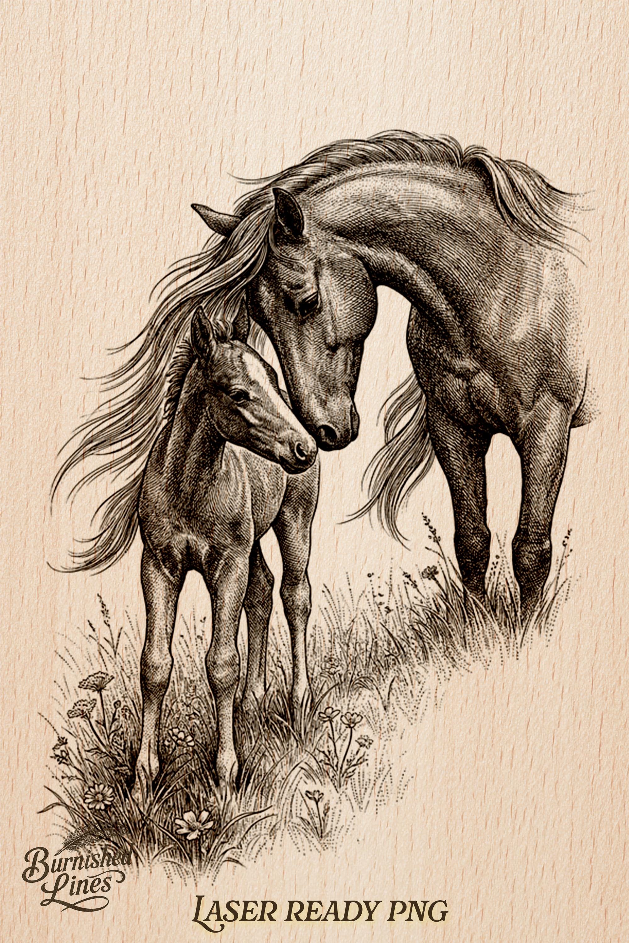 Mare and Foal Laser File | Horse Family Art | Equestrian Engraving ...