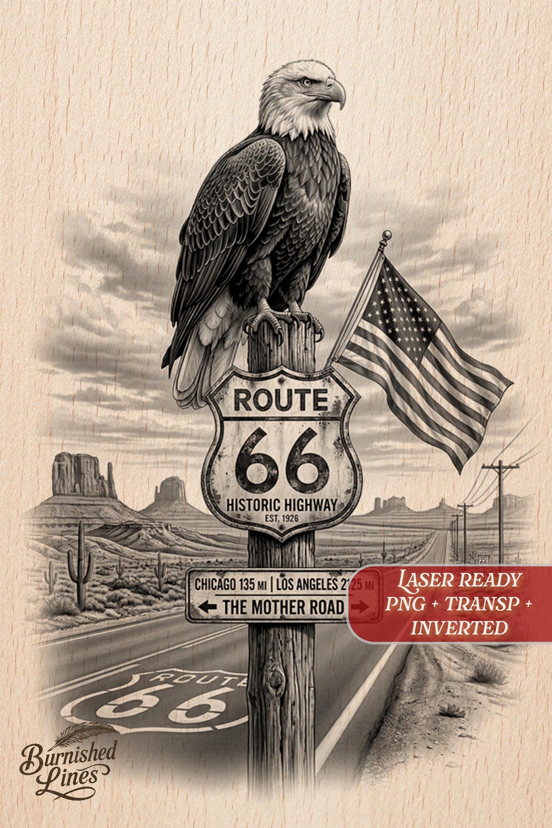 Bald Eagle Route 66 PNG Laser Engraving File | Wood Slate Plaque Sign ...