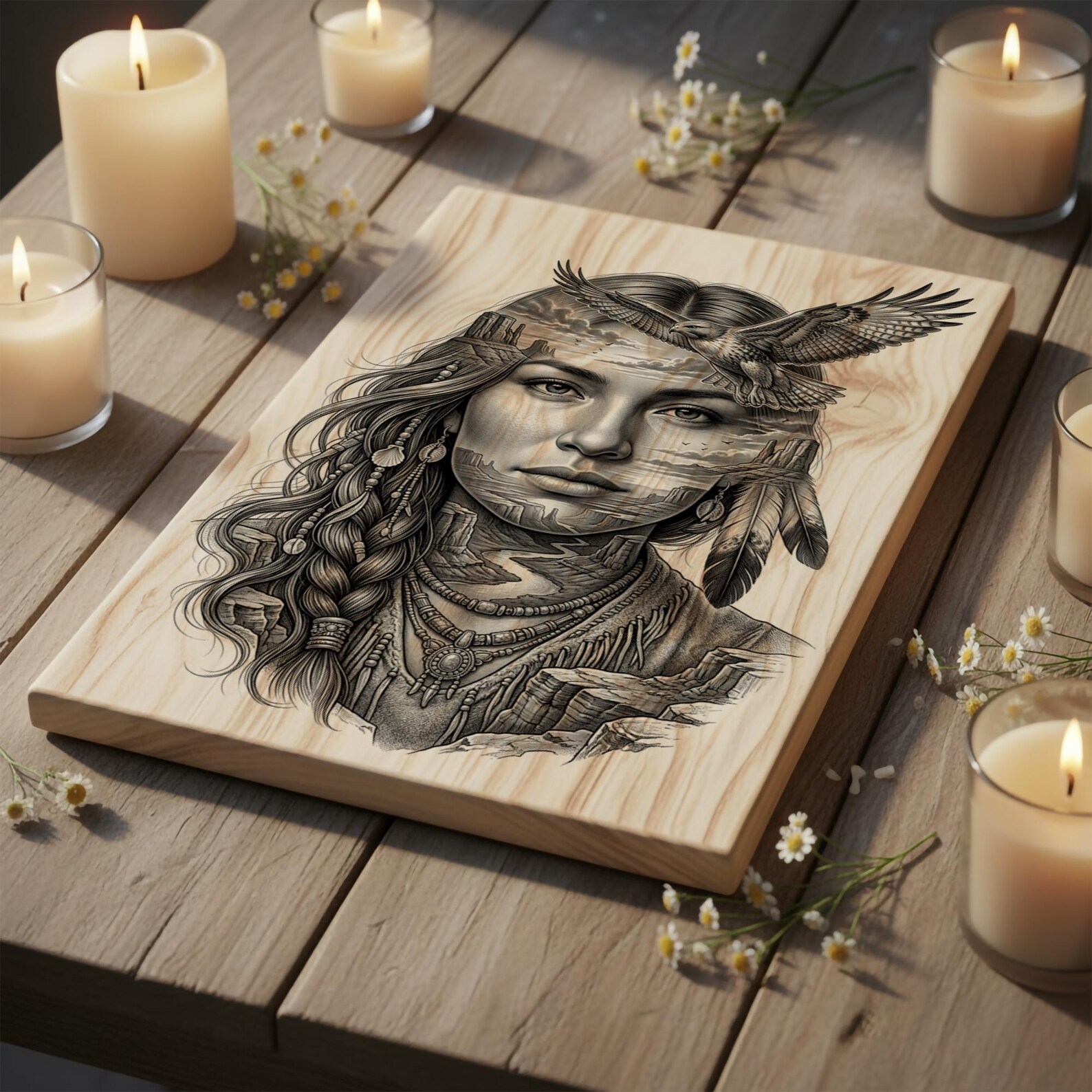 Native Woman Portrait | Desert Landscape Eagle | Laser Engraving ...