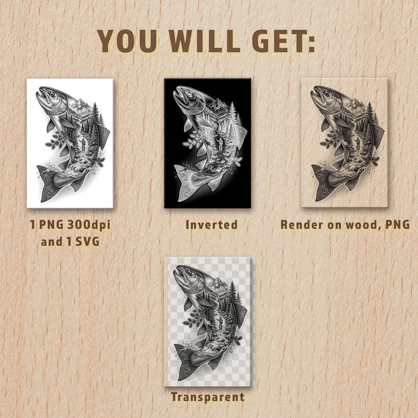 Trout Mountain Scene | Fishing Pyrography | Laser Engraving Template ...