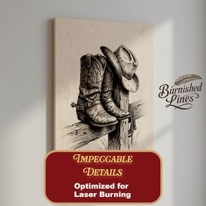 Western Cowboy Boots & Hat | Rustic Wood Engraving | Pyrography Stencil ...