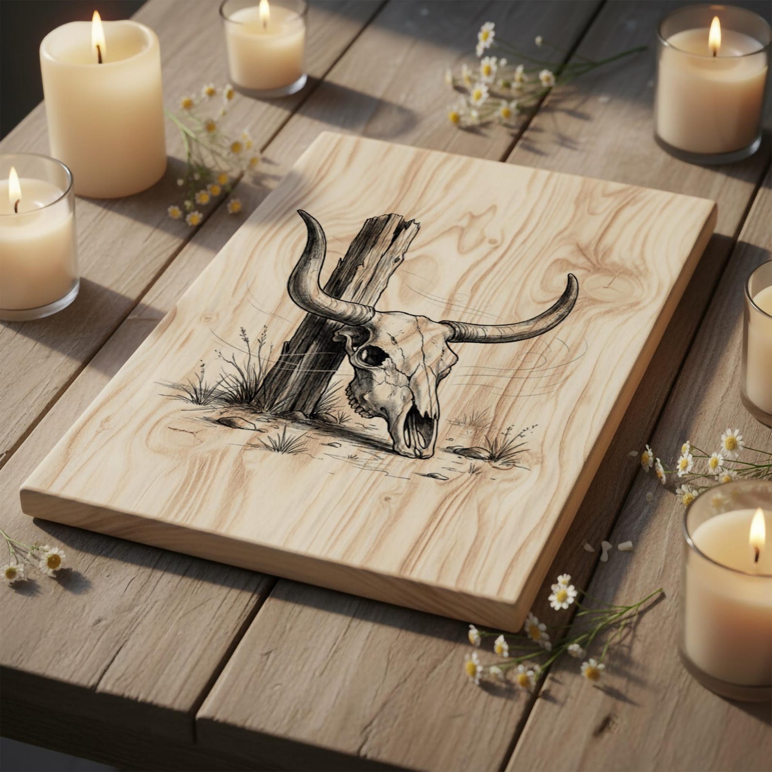 Western Longhorn Skull Engraving | Rustic Steer Bone Art | Cowboy Ranch ...