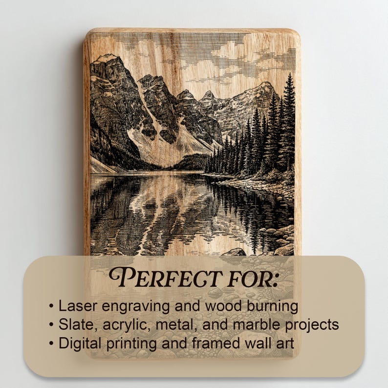 Vertical Mountain Lake Engraving | Majestic Pine Forest & Peaks ...