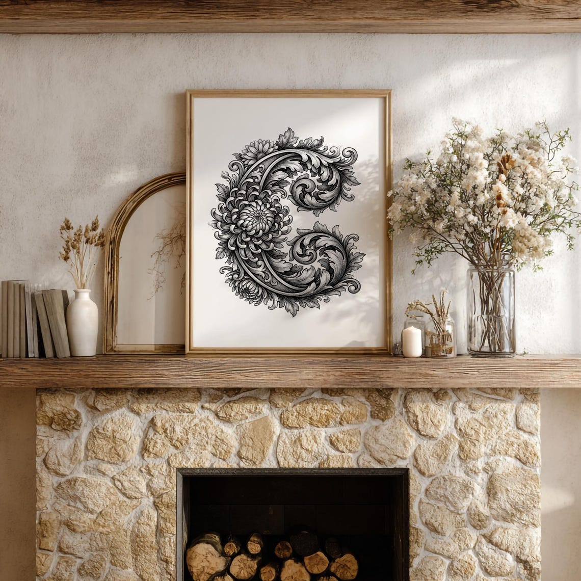 Ornate Letter C | Chrysanthemum Flower Sketch | Charcuterie Board ...