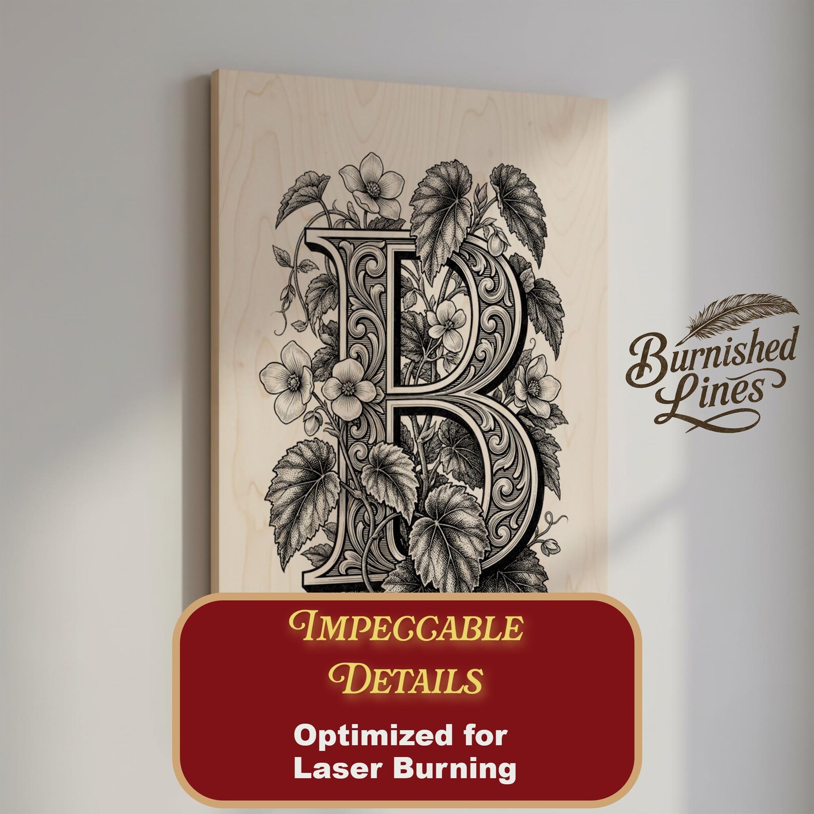 Floral Letter B Monogram | Botanical Leaf Engraving | Slate Coaster ...