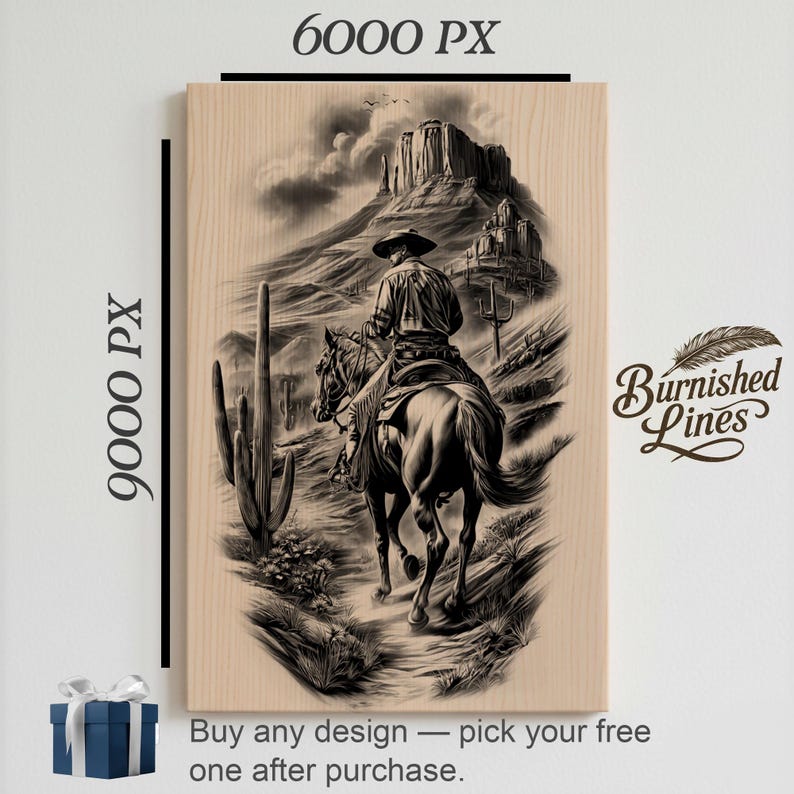 Cowboy Desert Scene Laser Engraving File, Dithered Western Design (PNG ...