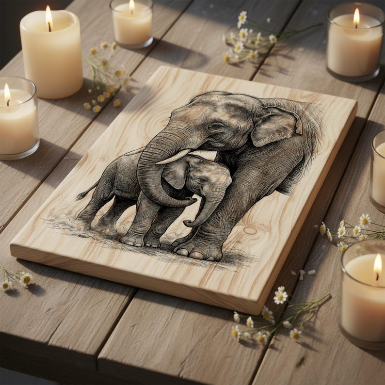 Elephant Mother and Baby Sketch | Slate Coaster & Nursery Decor | Laser ...