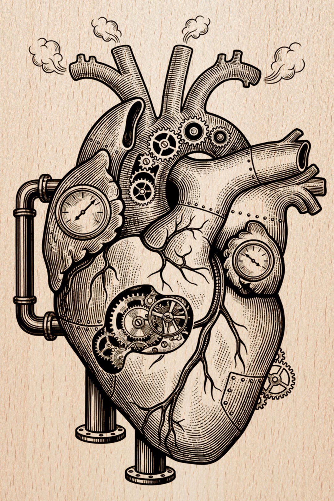Steampunk Anatomical Heart Engraving | Mechanical Gear Organ Art ...