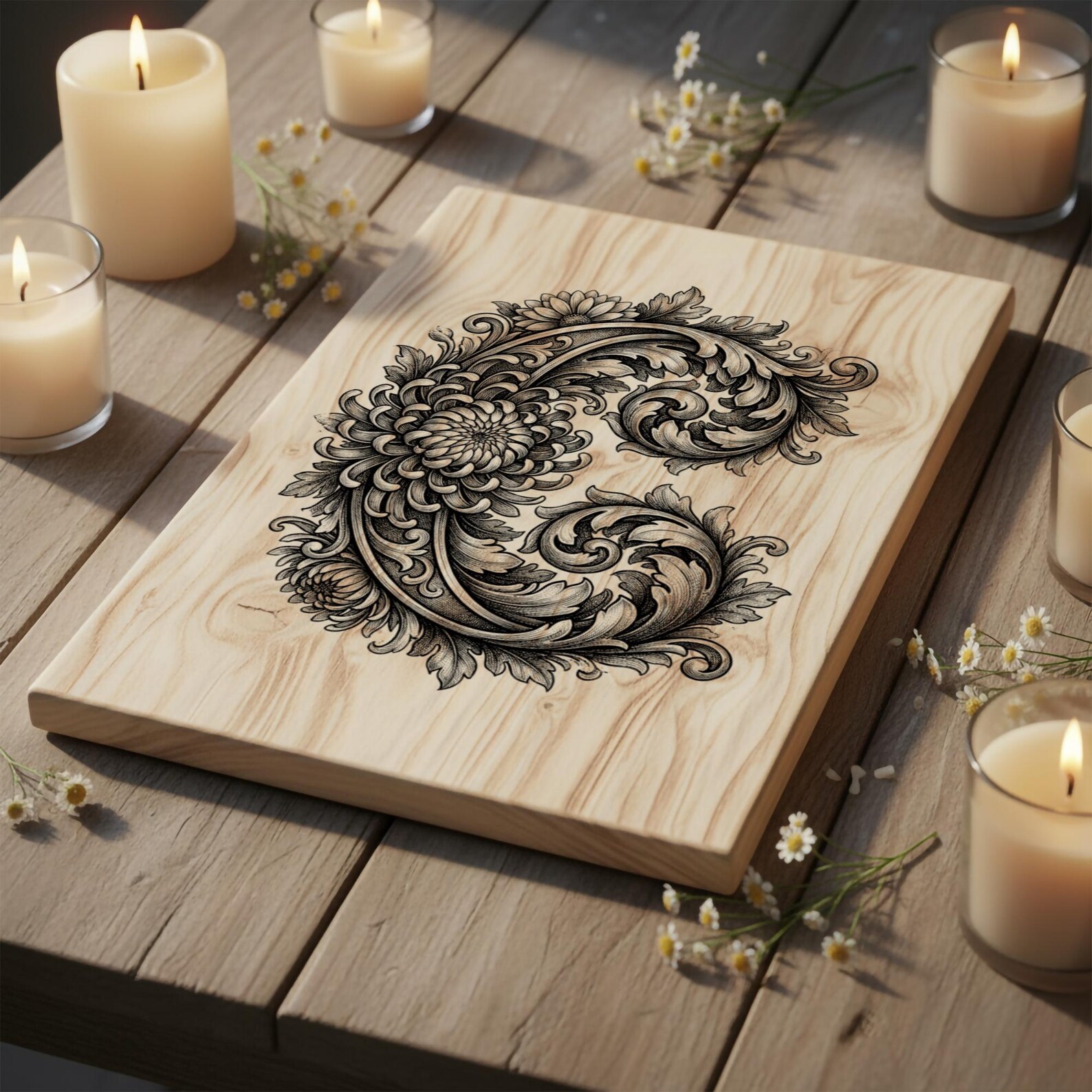 Ornate Letter C | Chrysanthemum Flower Sketch | Charcuterie Board ...