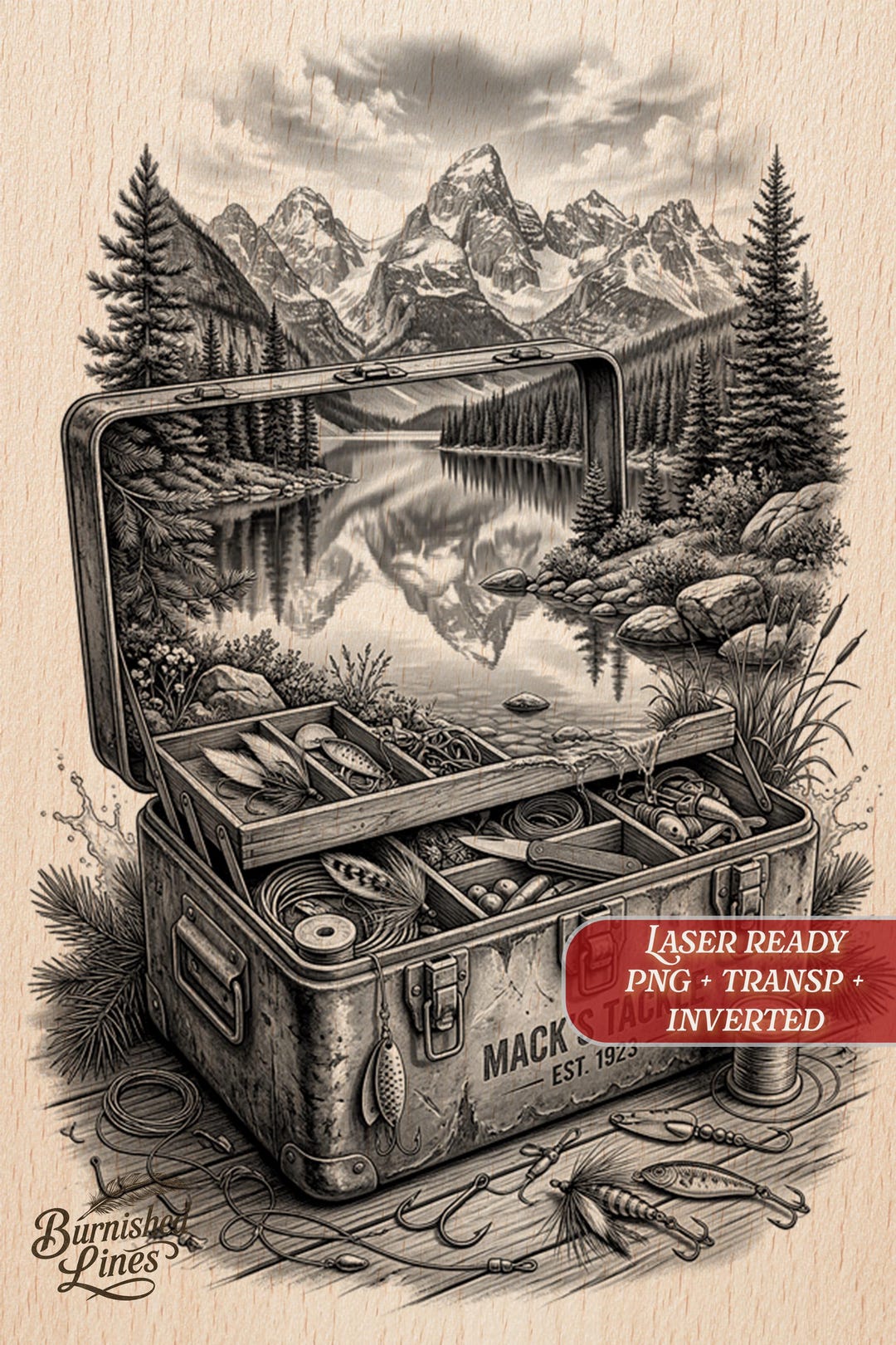 Vintage Tackle Box Mountain Lake | Fishing Nostalgia Art | Laser ...
