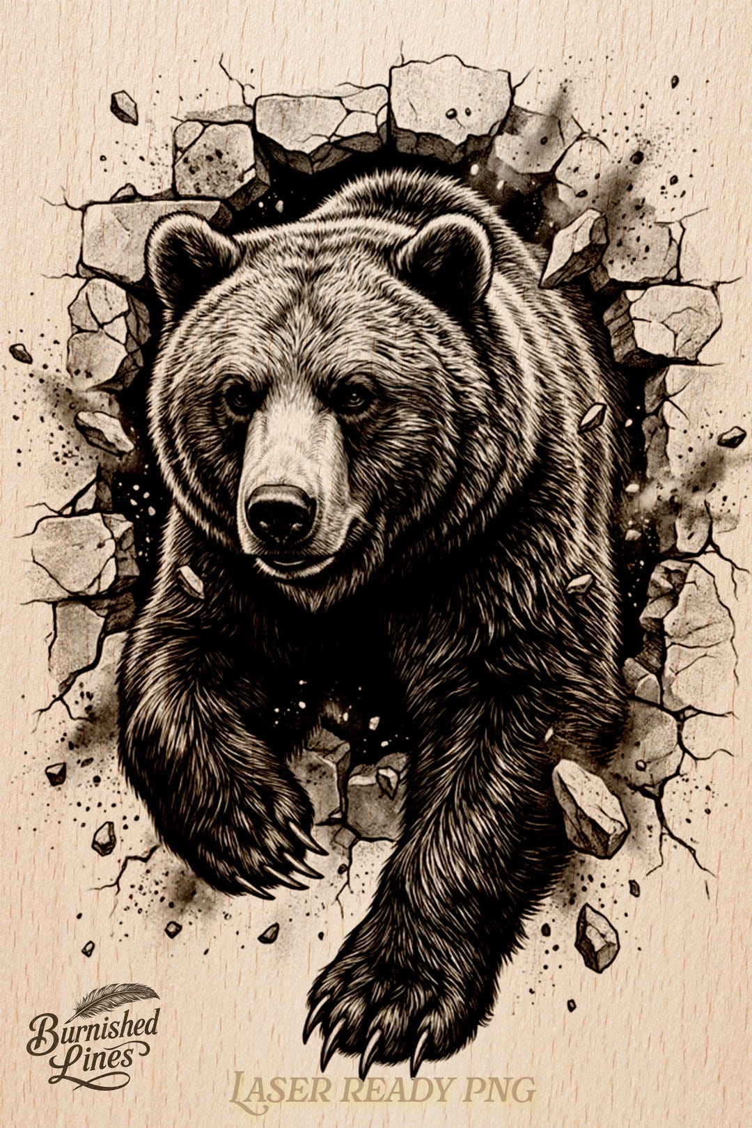 3D Grizzly Bear Smashing Wall | Illusion Engraving File | Cracked Stone ...
