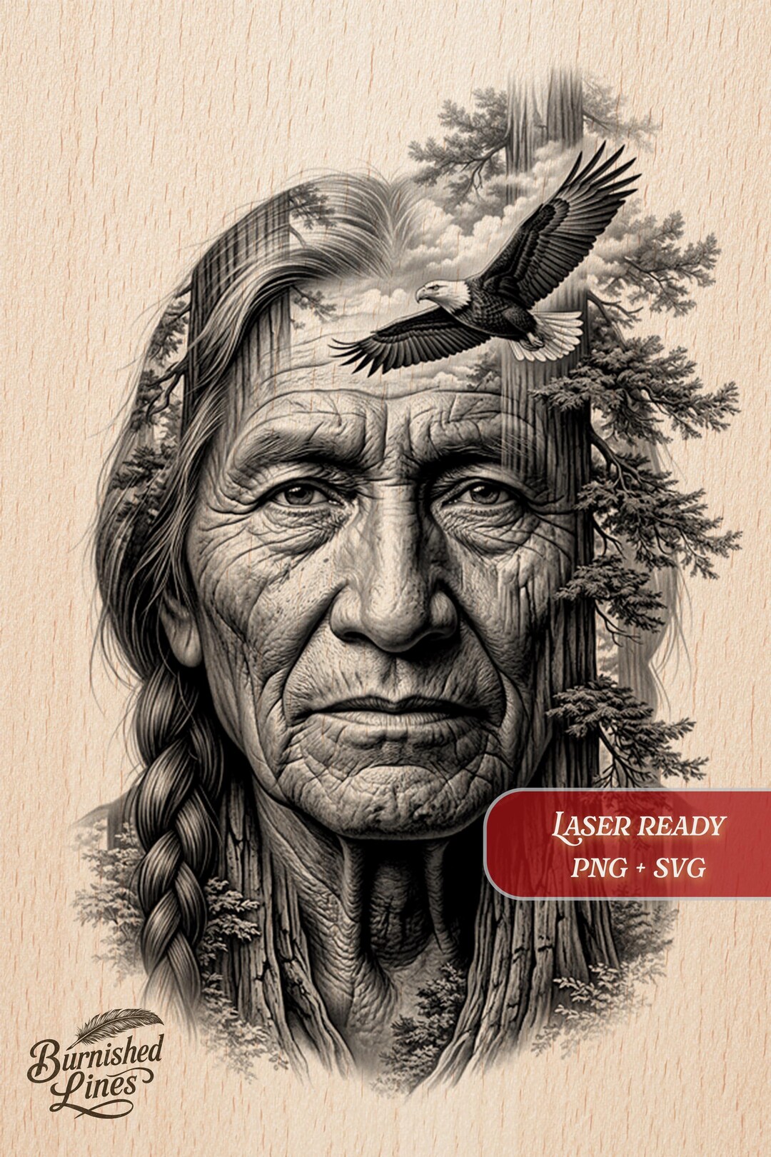 Native American Elder Eagle Portrait | Wood Burning Pyrography Pattern ...