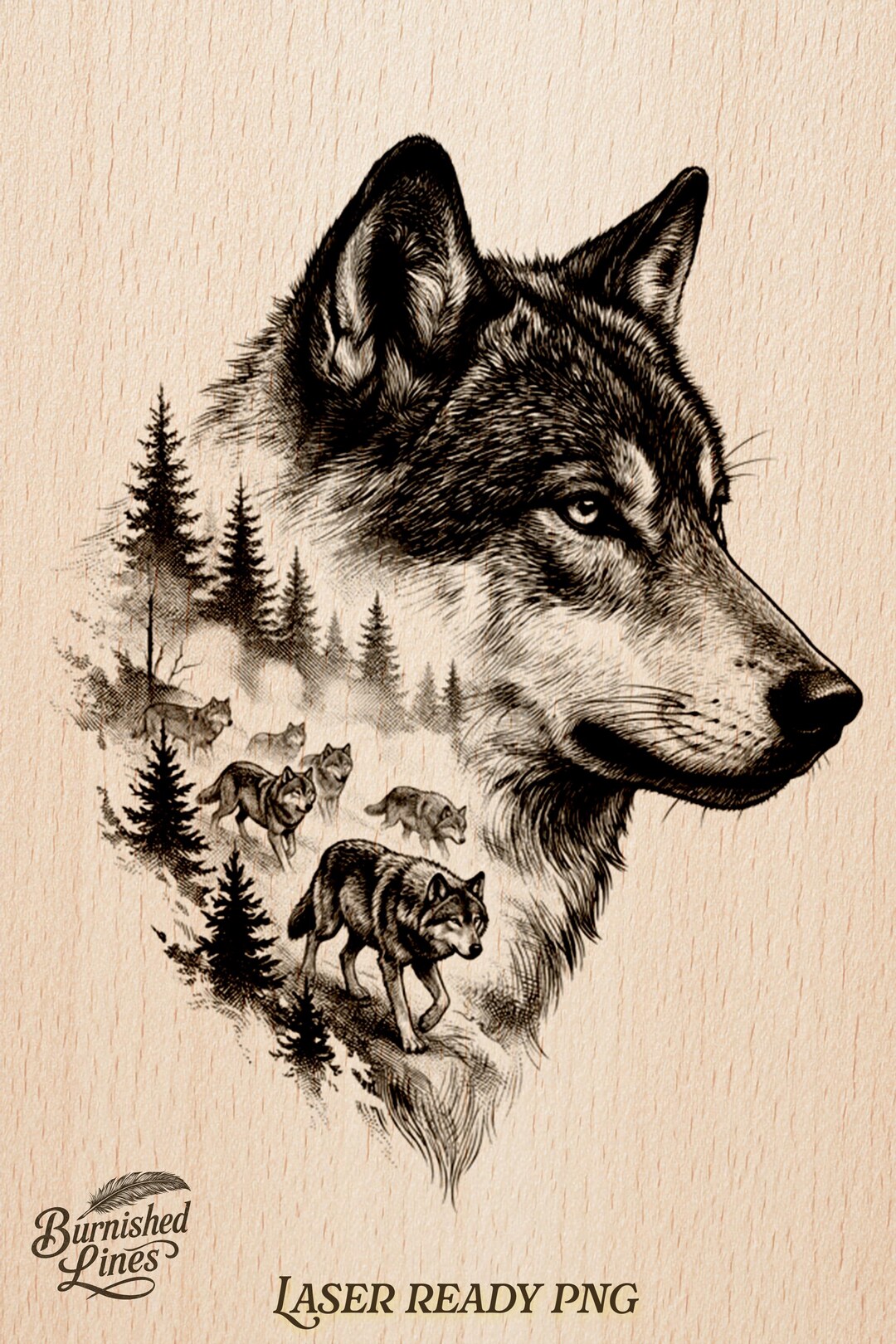 Wolf Pack Double Exposure | Slate Engraving Design | Pyrography Pattern ...