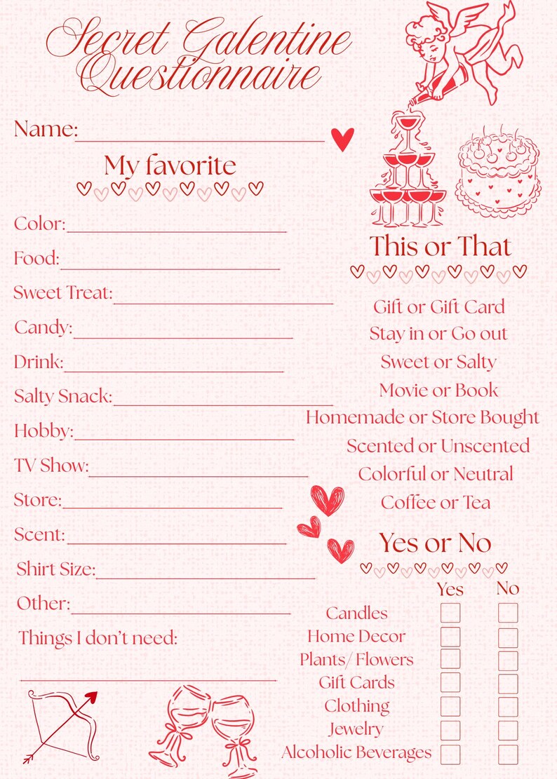 Pink & Red Secret Galentine Questionnaire Printable | Valentine’s for ...