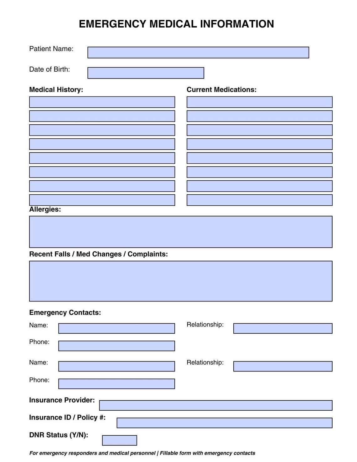 Emergency Medical Information Sheet for Caregivers - Etsy