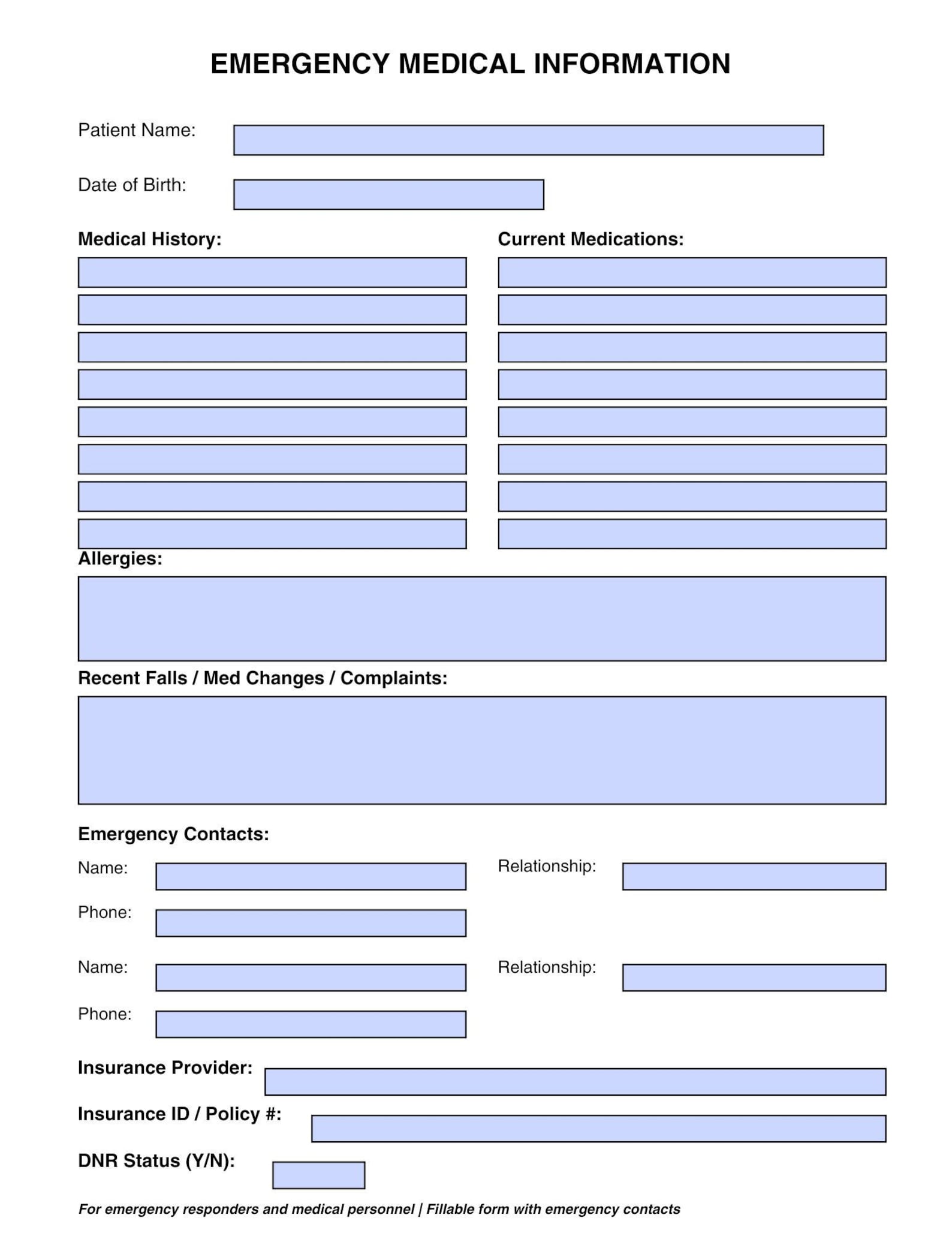 Emergency Medical Information Sheet for Caregivers - Etsy