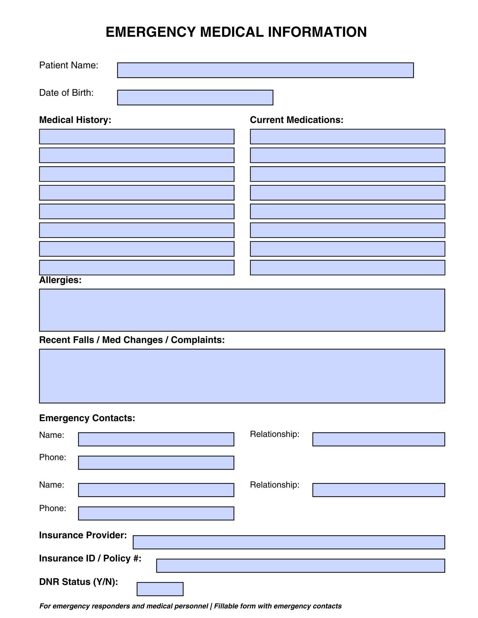 Emergency Medical Information Sheet for Caregivers - Etsy