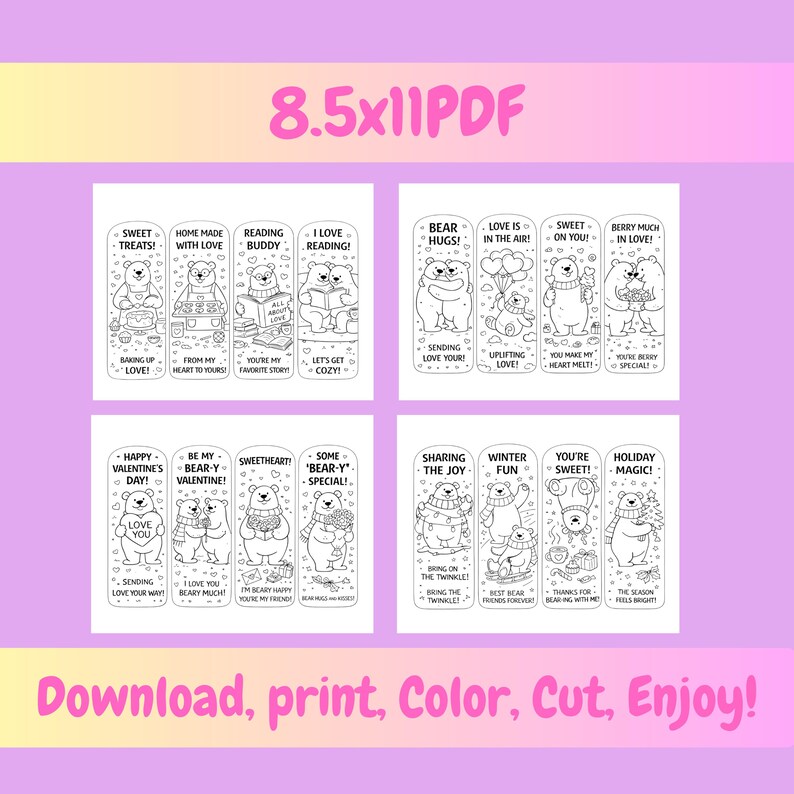 Valentine Teddy Bear Coloring Bookmarks | Cute Love Animal Printable ...